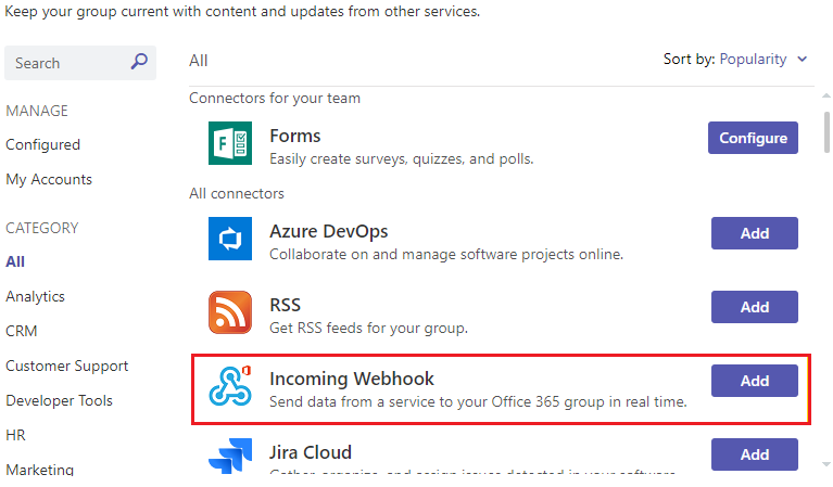 How to create a incoming webhook in Microsoft Teams